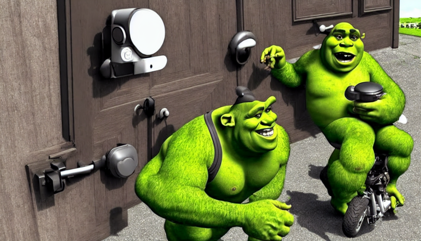 KREA AI - doorbell cam footage shrek riding motorbike on one...