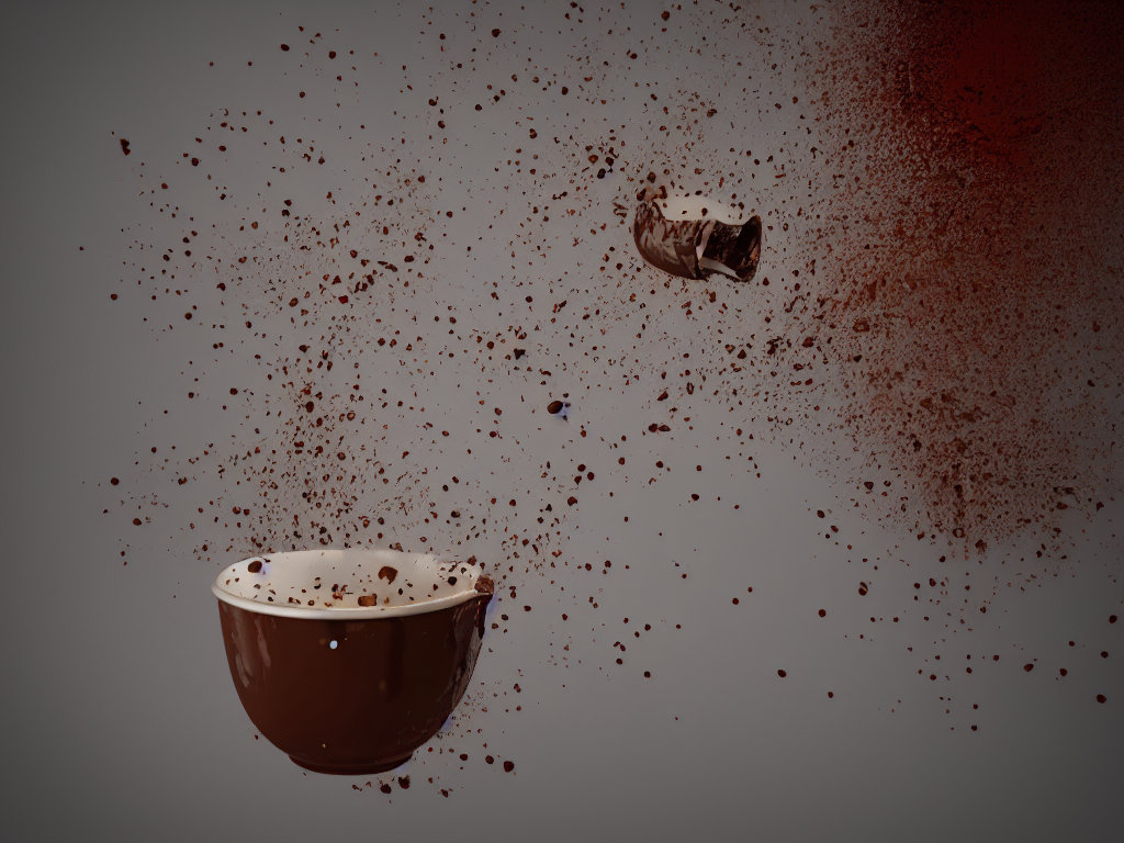 KREA AI - 3D art, a coffee cup shattering against a wall, co...