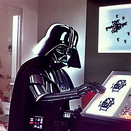 KREA AI - rare photo of darth vader playing space invaders
