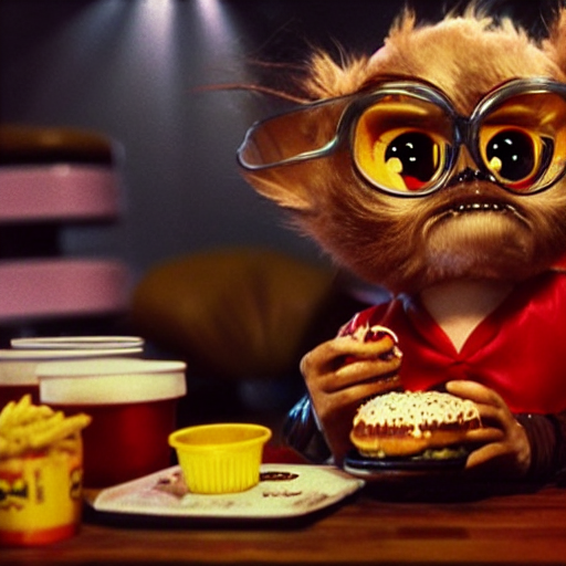 KREA AI - Gizmo from Gremlins 1984 eating hamburgers with ex...