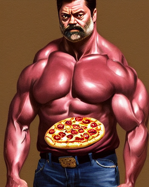 KREA AI - gigachad ron swanson bodybuilder holding a pizza i...