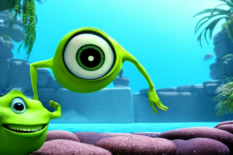 KREA AI - diorama of mike wazowski swimming, setting is blis...