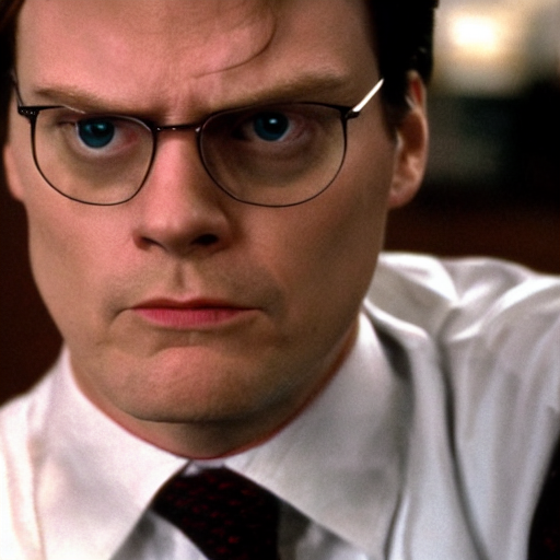 KREA AI - dwight schrute as the american psycho, sweating pr...