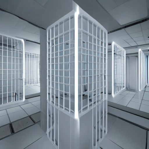 KREA AI - futuristic white prison cell, cramped, claustropho...
