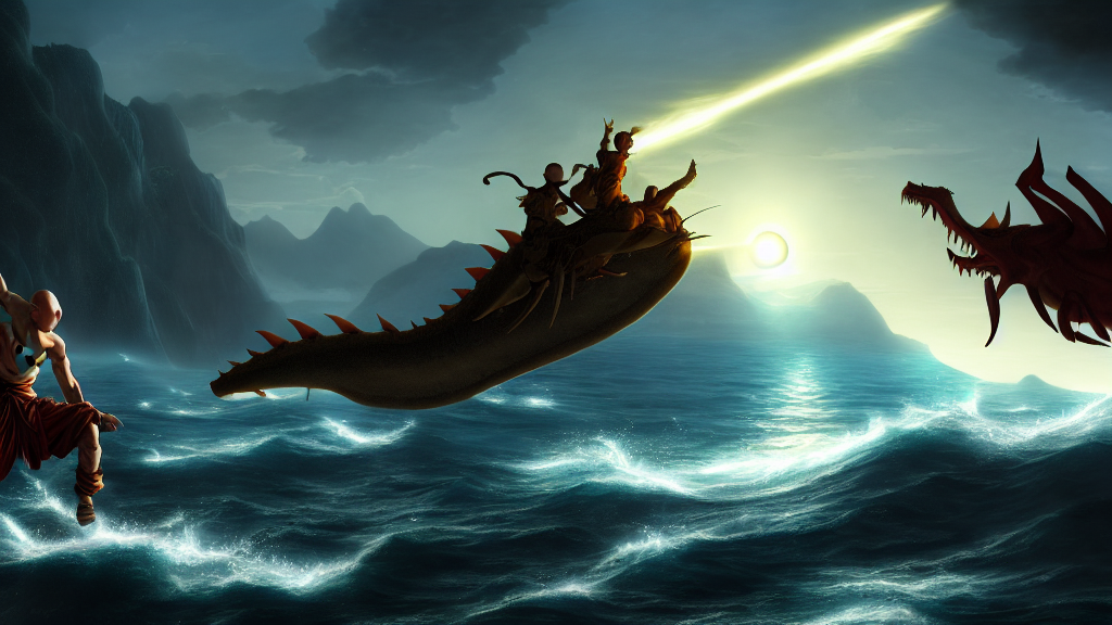 KREA AI - avatar aang fighting a titanic dragon at night by ...
