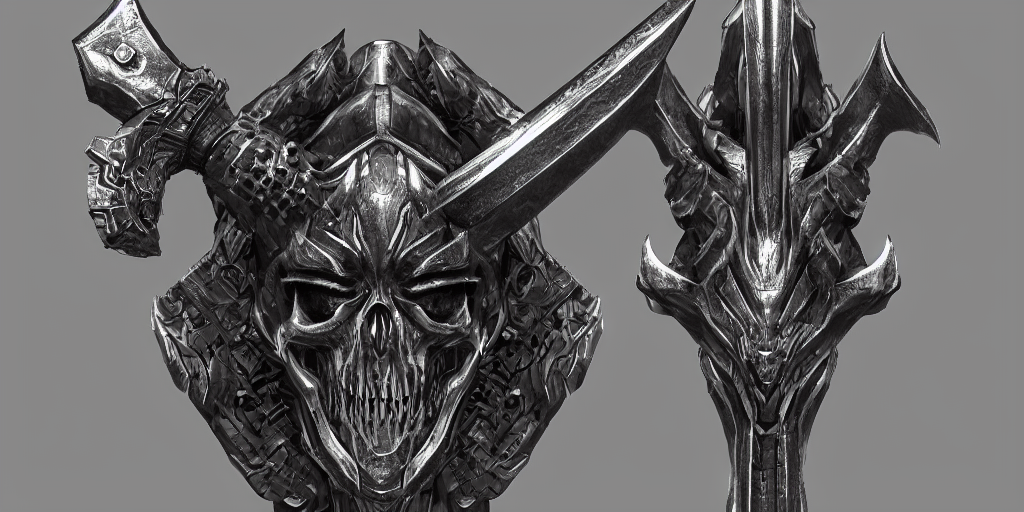 KREA AI - a black and silver sword skull crest, orthographic...