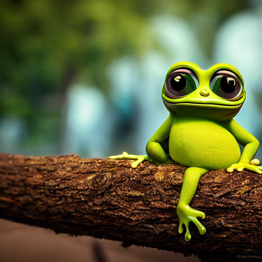 KREA AI - baby pepe the frog, larg eyes, sitting on a log, p...