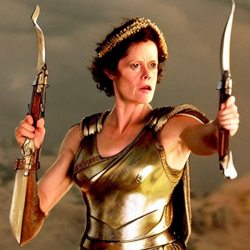KREA AI - sigourney weaver as the greek goddess athena, batt...