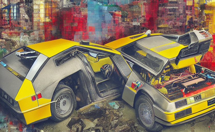 KREA AI - a red and yellow delorean in ajegunle slums of lag...