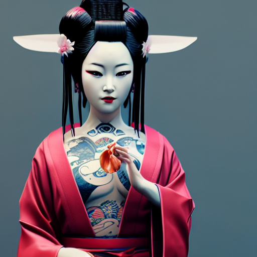 KREA AI - an android geisha in a lotus position wearing a fl...