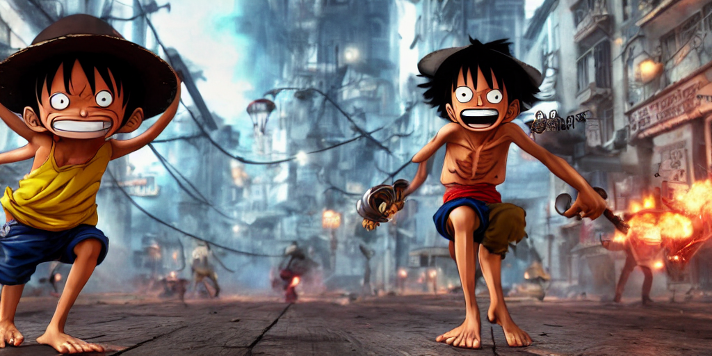 KREA AI - monkey d luffy fighting aliens in a steampunk city...