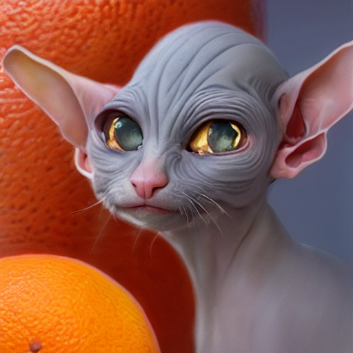 KREA AI - An adorable hairless goblin cat stealing an orange...