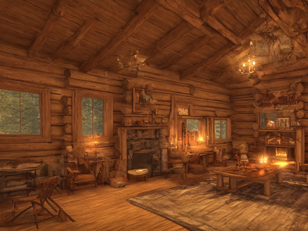 KREA AI - Log cabin interior on stormy night, warm fireplace...