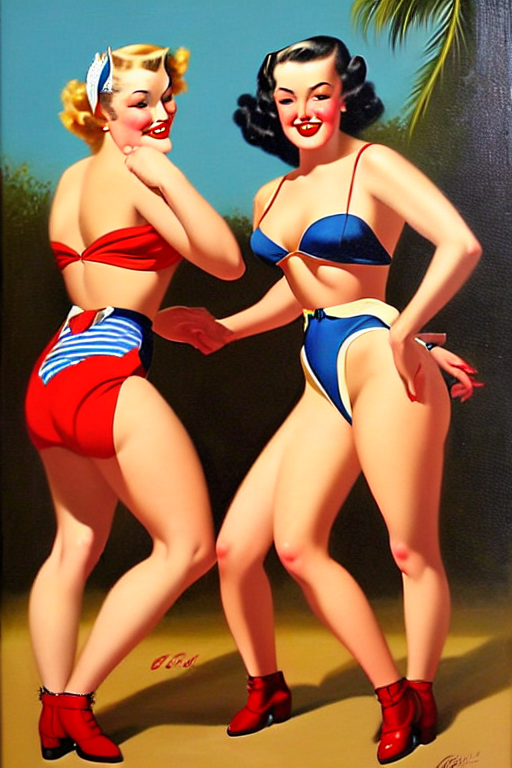 KREA AI - 1940s group of pinup bikini girls wrestling, oil p...