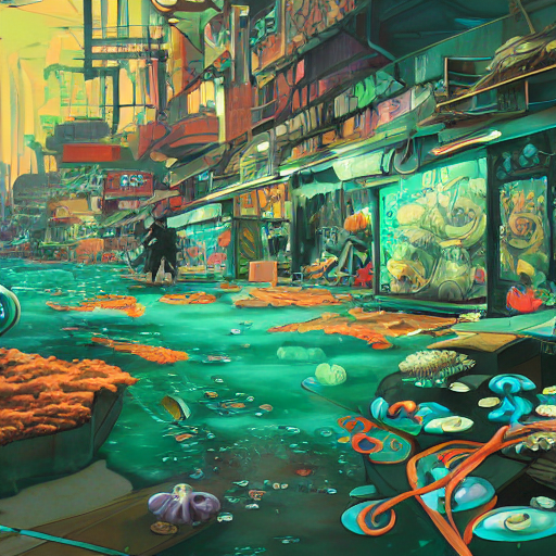 KREA AI - painted anime background of undersea slums shoppin...