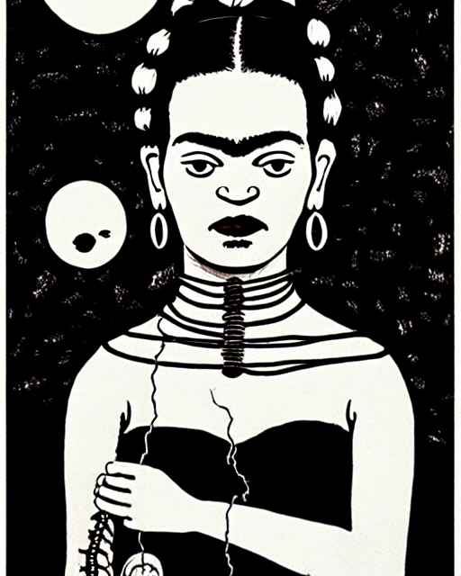 KREA AI - black and white sad frida kahlo with wires on hand...