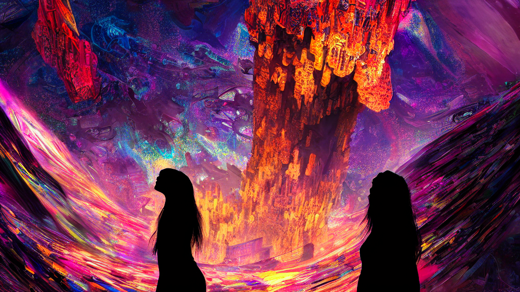 KREA AI - giant dmt entity goddess, tiny man silhouette in f...