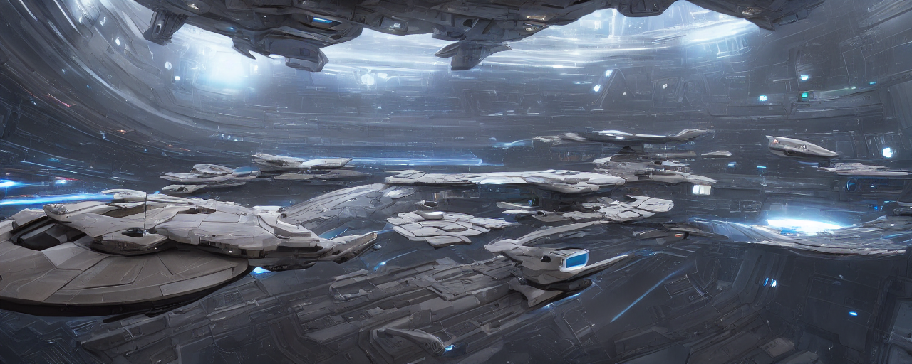 KREA AI - a futuristic spaceship docking bay with small trad...