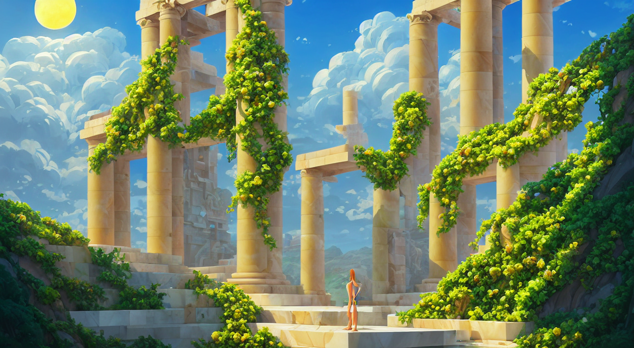 KREA AI - painting of Atlantis zeus tower statue and hill v...