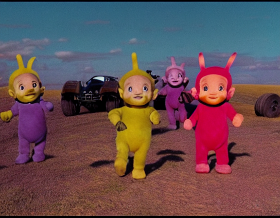 KREA AI - teletubbies in mad max, film still, screenshot, de...
